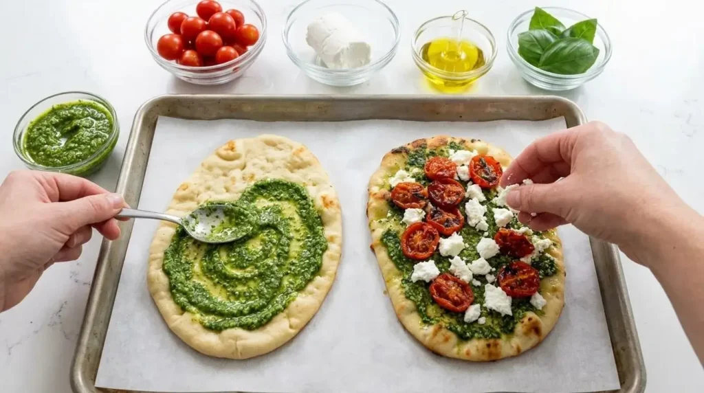 Roasted Tomato and Goat Cheese Flatbread with Pesto and Arugula - Easy ...